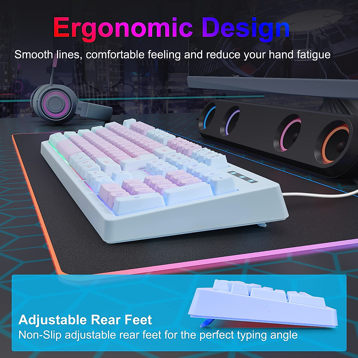 chuangquan CQ104 Mechanical Feeling Keyboard Rainbow LED Backlit USB Wired Floating Gaming Keyboard for Windows PC Laptop