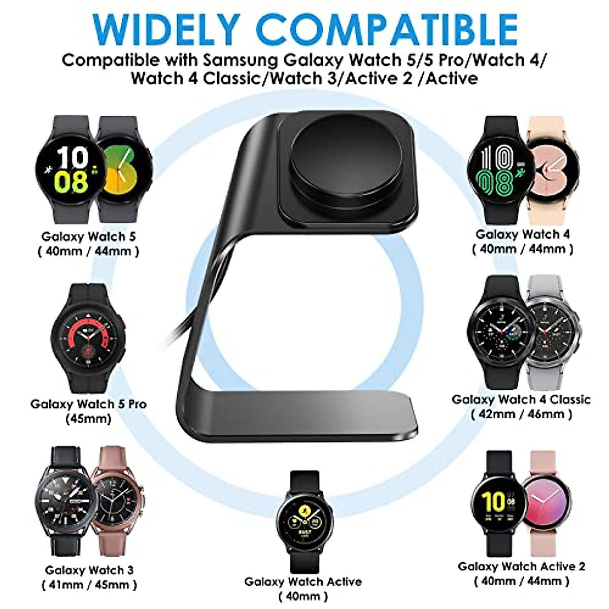 NANW Charger Dock Compatible with Samsung Galaxy Watch 5/5 Pro/Watch 4/Watch 4 Classic/Watch 3/Active 2 /Active, USB Replacement Charging Cable Dock Stand Accessories for Galaxy Watch 5/5 Pro,Black