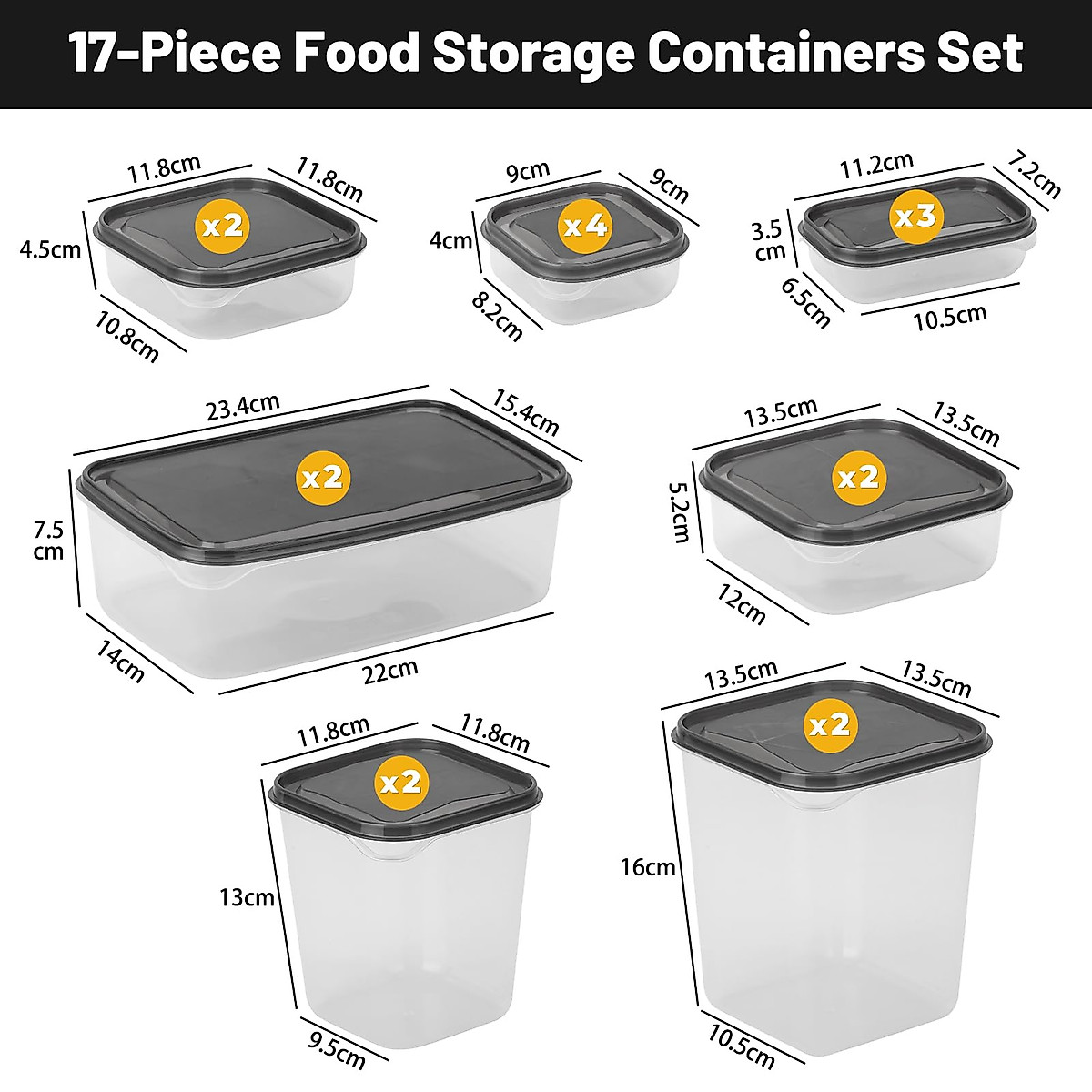 34Pcs Food Storage Containers with Lids (17 Containers and 17 Lids), Salad Dressing Condiment Leftover Lunch Box, Reusable Plastic Freezer Containers Microwave Dishwasher Safe (7 Assorted Size, Grey)