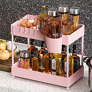 NYYTGE Double Sliding Under Sink Organizer, 2 Tier Bathroom Organizer with 1 Cup 4 Hooks, Multi-purpose Under Cabinet Storage Rack, Under Sink Organizers and Storage for Home Kitchen Organization
