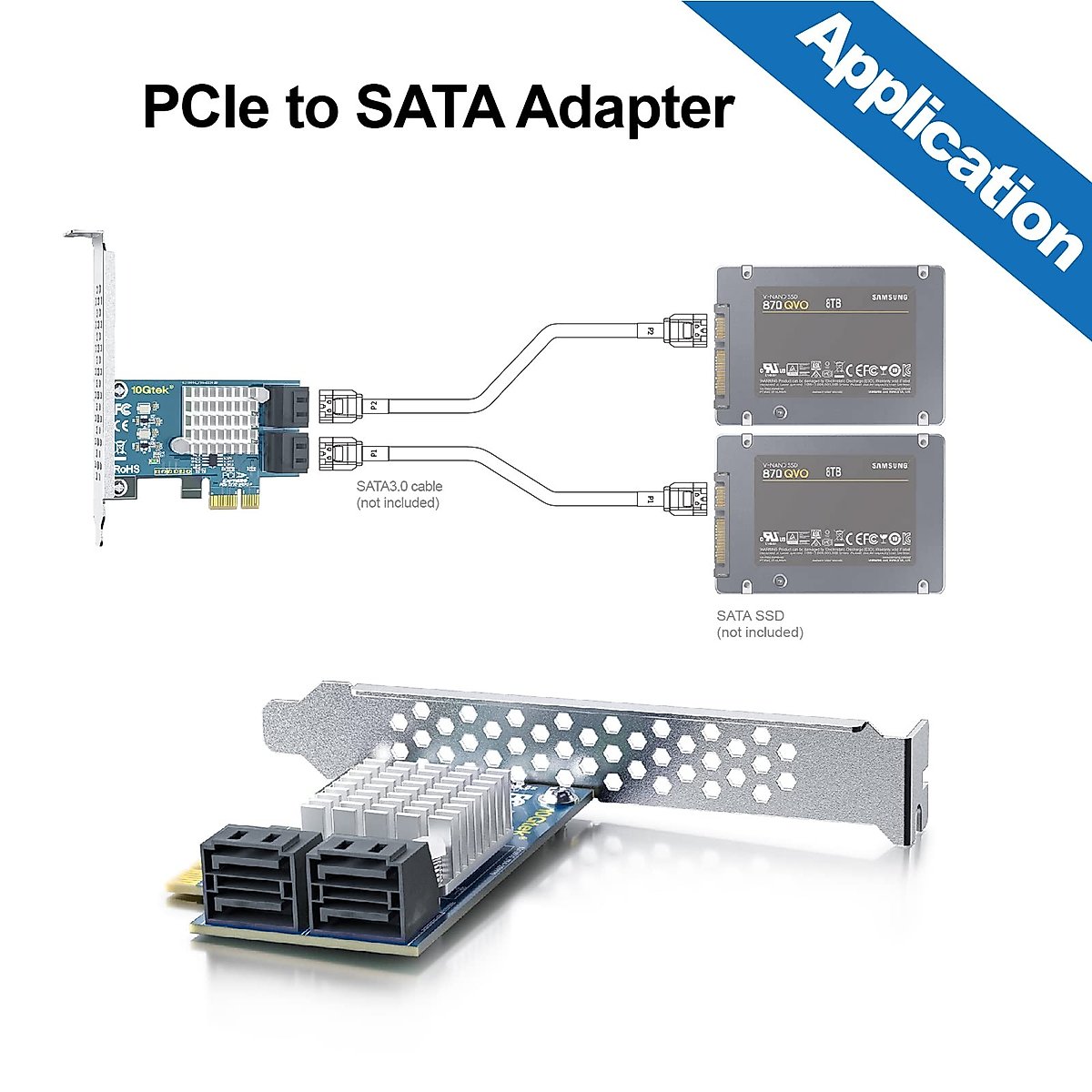 10Gtek PCIe SATA Card 4 Port with 4 SATA Cables and Low Profile Bracket, 6Gbps SATA3.0 Controller PCI Express Expansion Card, X1, Support 4 SATA 3.0 Devices
