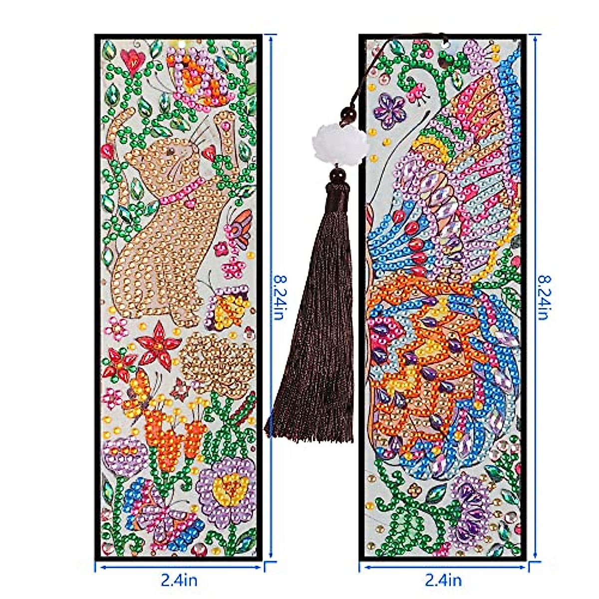 Cat Butterfly Bookmark with Diamond - pigpigboss 2 Pieces Bookmark Diamond Painting Kit Leather Bookmark Diamond Dots Art with Tassel for Student Adult Graduation Gift (21 x 6 cm)