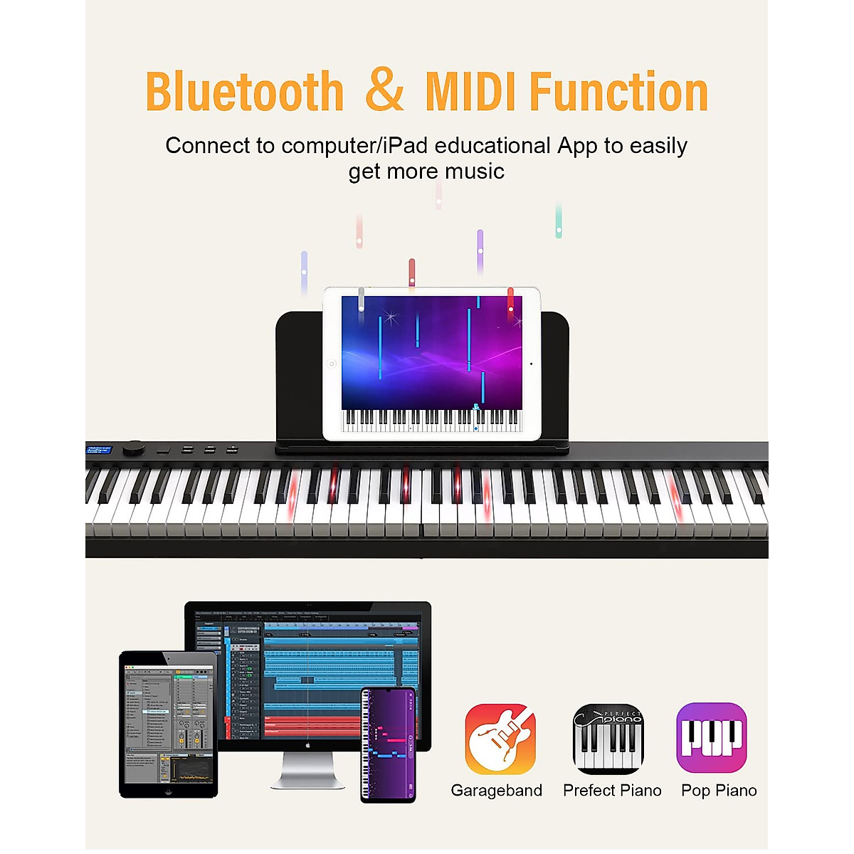 KONIX Folding Piano Keyboard, 88 Keys Full Size Semi-Weighted Foldable Piano, Portable Electric Keyboard Piano with Light Up Key, Sustain Pedal, Piano Stickers, Sheet Music Stand and Piano Bag, Black