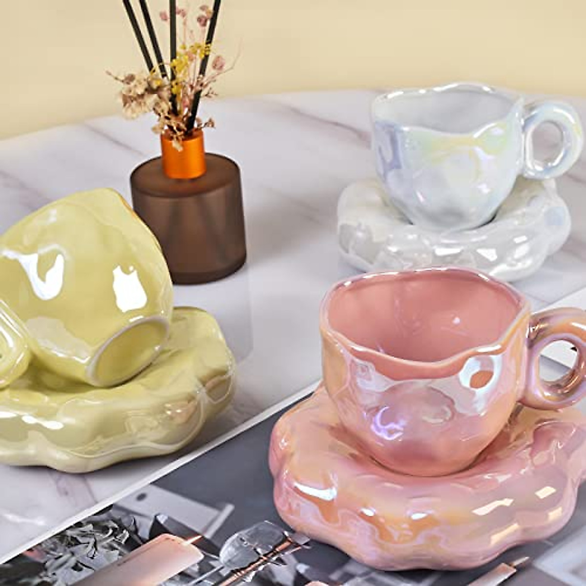 Koythin Ceramic Coffee Mug, Creative Cute Cream Sheen Cup with Sunflower Coaster for Office and Home, 6.5 oz/200 ml for Tea Latte Milk (Cream Pink)