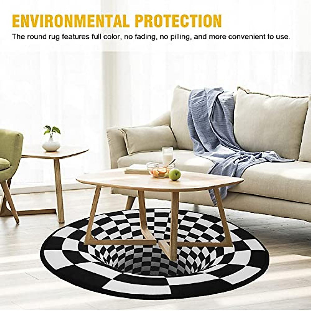 FDGDFG 3D Vortex Illusion Rug, 2022 New Black White Plaid Round Rugs 3D Visual Optical Floor Mat, Abstract Geometric Non-Slip Optical for Living Dinning Room Bedroom Kitchen (40x40in, MDKJ-4)