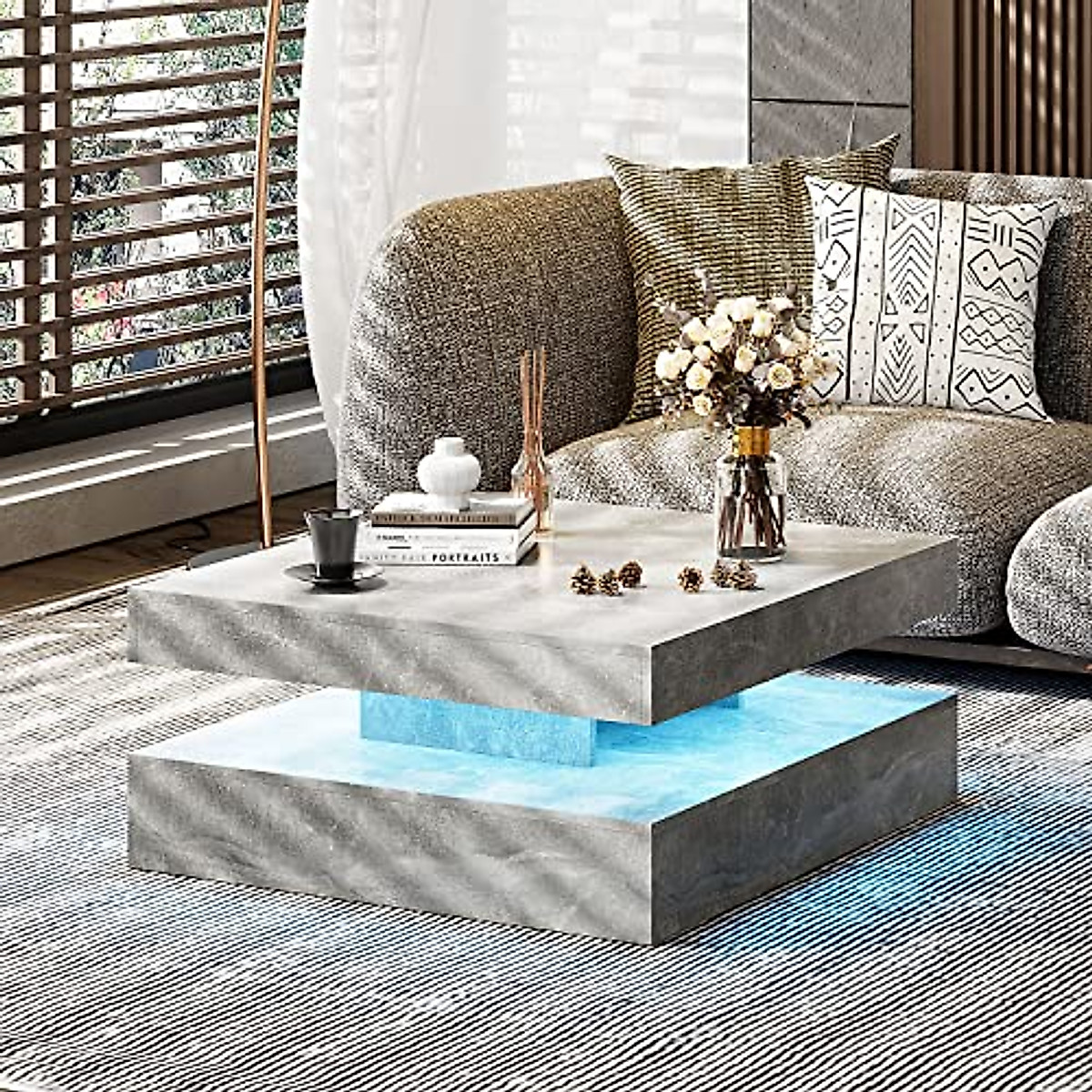 HedoAjim LED Coffee Table for Living Room, Living Room Table 2-Tier Square Middle Center Table, Modern Coffee Tables with Storage, Contemporary Wood Tea Tables for Dining Reception, Grey