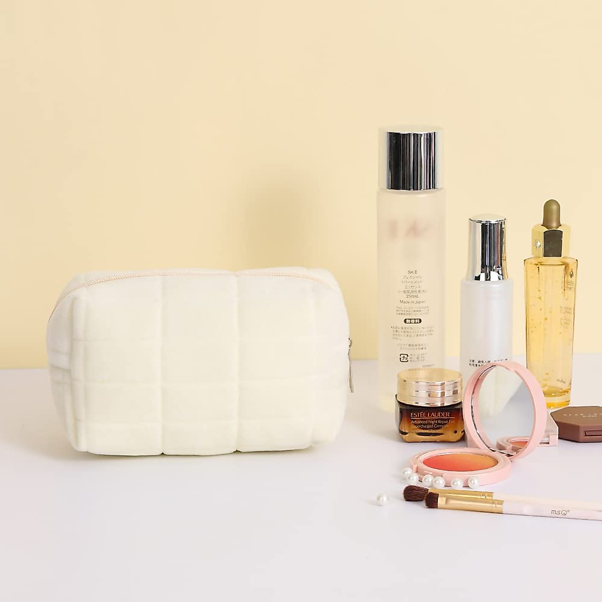 LYDZTION Plush Makeup Bag Cosmetic Bag for Women,Zipper Large Solid Color Travel Toiletry Bag Travel Make Up Toiletry Bag Washing Pouch,White