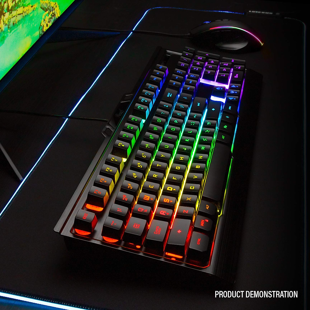 Rosewill NEON K54 Wired Membrane Gaming Keyboard, 9 RGB LED Backlight Effects, 104 Keys, 19-Key Anti-Ghosting, WASD and Arrow Keys Exchange, 8 Multimedia Hotkeys, Slim Profile Floating Keycaps