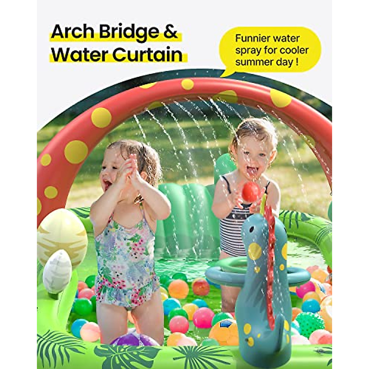 Inflatable Kids Pool, Airefina Dino Planet Inflatable Play Center Kiddie Pool with Water Slide, Ultra Thick 97"x76"x41" Toddle Pool with Play Ball Hoop, for Backyard, Garden, Water Park, Ages 3+