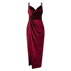 Vestidos De Mujer, Rojos para Mujer Elegantes Wedding Guest Dress for Women De Fiesta Cortos Women's Sleeveless Strap Wrap V Neck Ruched Slit Party Cocktail Midi Glitter Dress (M, Red)