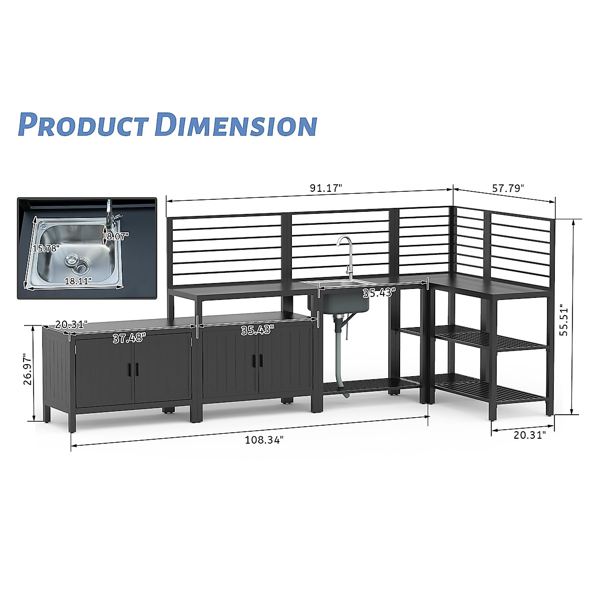 Domi 5-Piece Outdoor Kitchen Island with Storage, Aluminum Kitchen Islands Stainless Steel Sink w/Faucet, Corner Bar Storage Cabinet, Outdoor Kitchen with Protective Cover for Deck, Patio