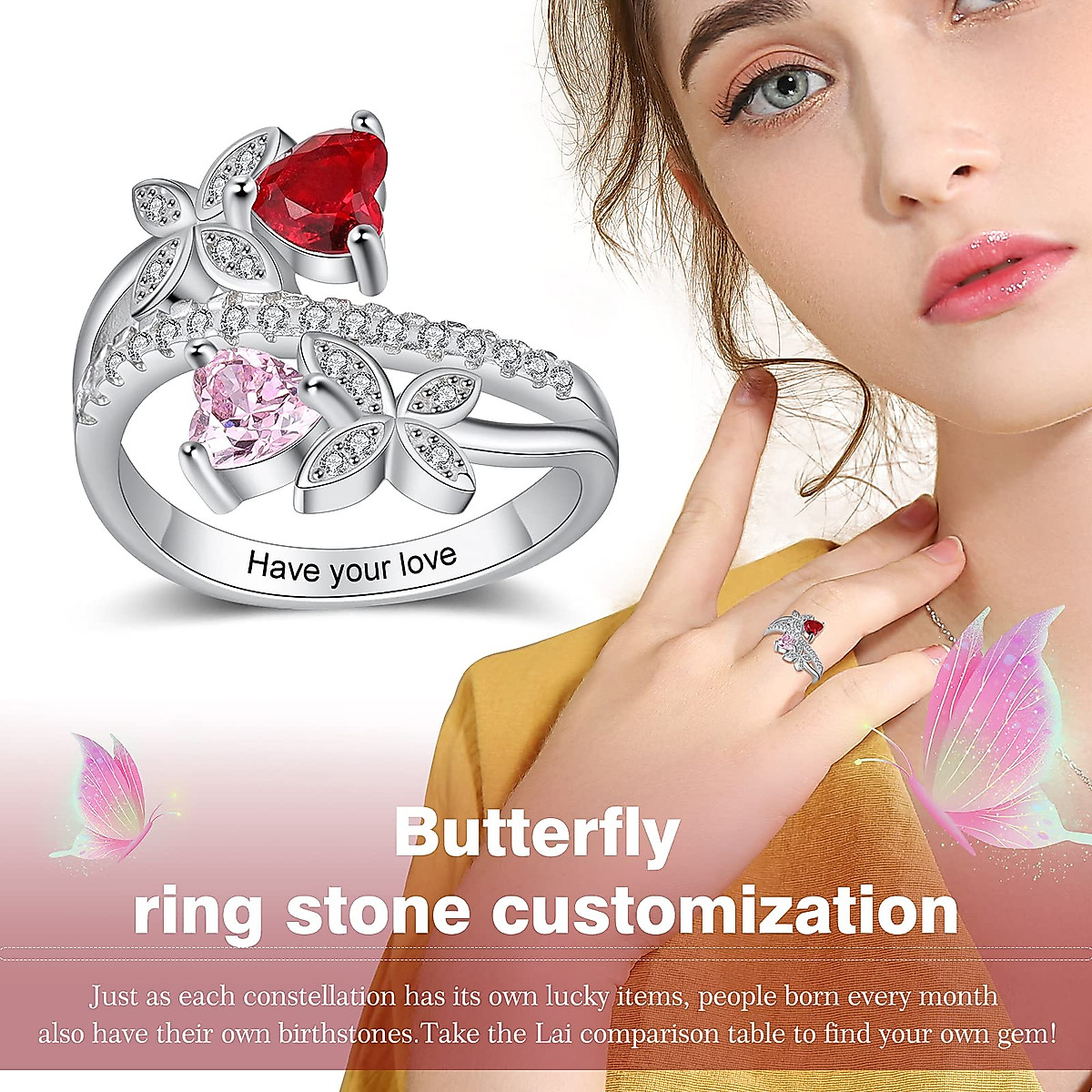 LanM Personalized Promise Rings for her Butterfly Rings for Mother with 2 Simulated Birthstone Engraved Womens Names Mother Rings for Family Mother Day Gift, Silver