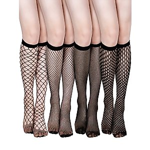 Geyoga 4 Pairs Women's Fishnet Knee High Stockings Lace Hollow out Women's Calf Socks Ankle Sheer Socks(Black,Delicate)