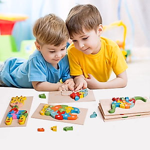 SHIERDU Wooden Puzzles for Kids, Toddler Number Puzzle, Old Wooden Dinosaur Puzzles and Animal Jigsaw Toys for Boy Girl Ideal Gift, 2-6 Years, Pack of 6, 2-1