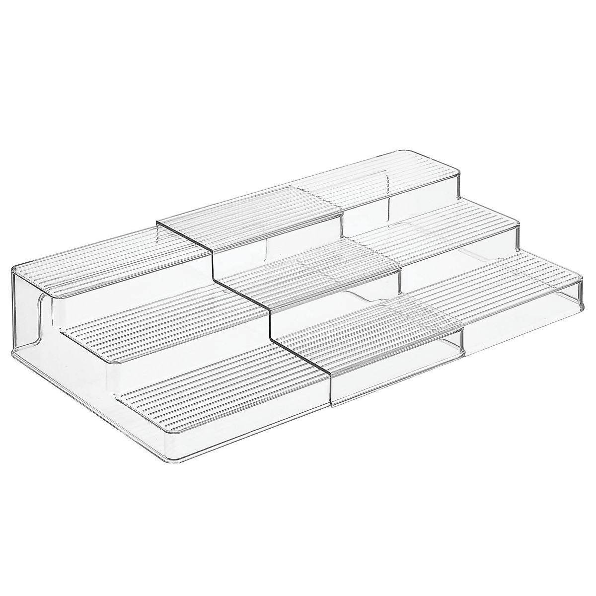 mDesign Plastic Spice and Food Kitchen Expandable Cabinet Shelf Organizer - 3 Tier Storage - Modern Compact Caddy Rack - Holds Spices/Herb Bottles, Jars - for Shelves, Cupboards, Refrigerator - Clear