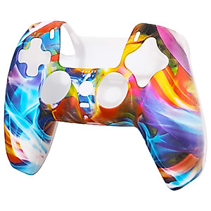9CDeer 1 Piece of Silicone Transfer Print Protective Cover Skin + 10 Thumb Grips for PlayStation 5 / PS5 Controller Rainbow