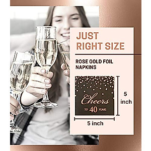Rose Gold Foil Cocktail Napkins with Cheer 40 Years | Folded 5 x 5 Inches Disposable Party Napkins | 3-Ply Paper Beverage Napkins for 40th Birthday Decorations, Wedding Anniversary, Retirement, Black