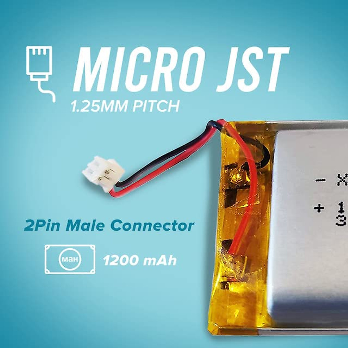 Ecologic Mart Lithium Ion Batteries, 3.7 Volt Rechargeable Battery, 1200mAh LiPo Battery, Reading Book Light Battery Replacement, 103040 Type with Micro JST 1.25mm 2Pin Male Connector