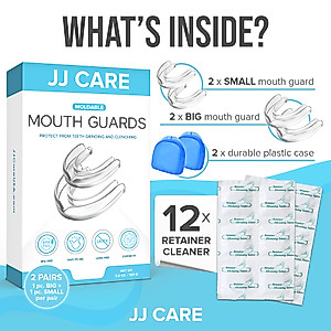 JJ CARE Mouth Guard (2 Pairs), Best Value Comes Retainer Cleaner Tablets, Custom Moldable Night Guards for Teeth Grinding at Night, Dental Mouth Guard for Sleeping