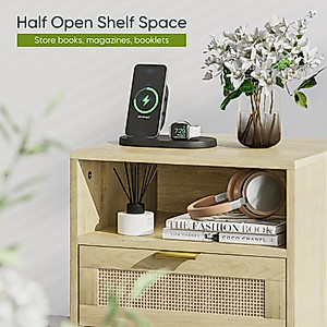 Smart FENDEE Rattan Nightstand, Boho Side Table with Drawer Open Shelf, Wood Accent Bedside End Table for Small Places, Bedroom, Natural Oak