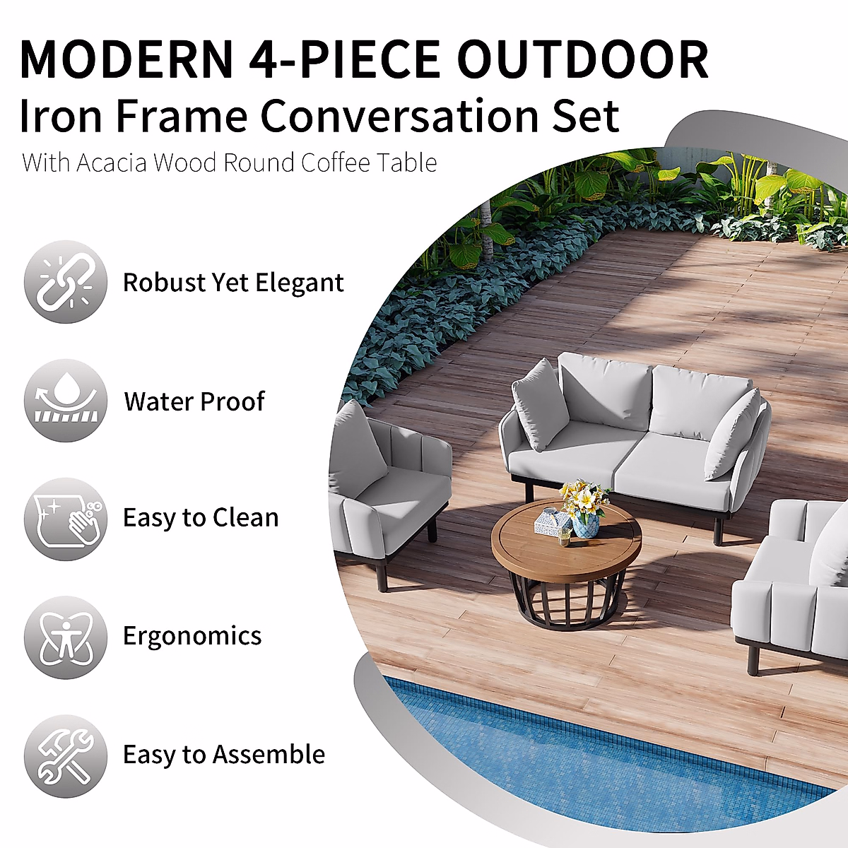 Merax 4-Piece Outdoor Patio Furniture Set with Acacia Wood Round Conversation Coffee Table, Comfy Loveseat and 2 Armchairs, Outside Sectional Sofa & Solid Iron Frame for Backyard, Poolside, Gray