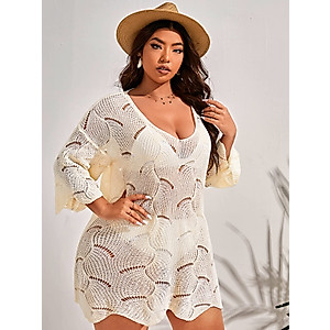 MakeMeChic Women's Plus Size Swimsuit Crochet Cover Up Bathing Suit Beach Dress Beige 0XL