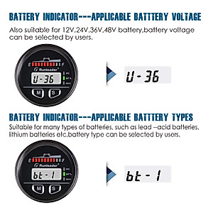 Runleader 12V to 48V Digital LED Battery Capacity Monitor, Hours Volt Meter Gauge - Suitable for Battery Lead-Acid LiFePO4 "Trojian" Gel AGM,Works on Golf Club Forklift Go Kart RV Trailer Stacker.