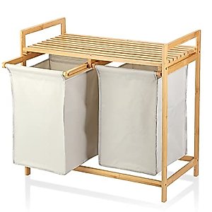 lesolar Bamboo Laundry Hamper and Shelf, 2 Sections Laundry Basket with Removable Liner and Sliding Handles, Dual Compartments Laundry Organizer and Storage for Bathroom Bedroom Living Room