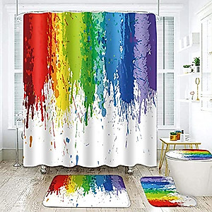 4Pcs Splashing Graffiti Shower Curtain Set with Non-Slip Rug, Toilet Lid Cover Bath Mat Fluid Rainbow Color Paint Style Curtain with Hooks 71x72 inches for Art Home Decor Improvement SETYYEA15