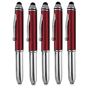 SyPen Stylus Pen for Touchscreen Devices, Tablets, iPads, iPhones, Multi-Function Capacitive Pen With LED Flashlight, Ballpoint Ink Pen, 3-In-1 Pen, 5PK, Red
