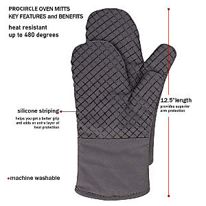 PROCIRCLE Oven Mitts and Pot Holders Set of 2 Kitchen Oven Mitts 500℉Heat Resistant Silicone Cotton Oven Mitts Non-Slip Surface for Cooking Baking BBQ with 4Pcs Free Pothook (Grey)