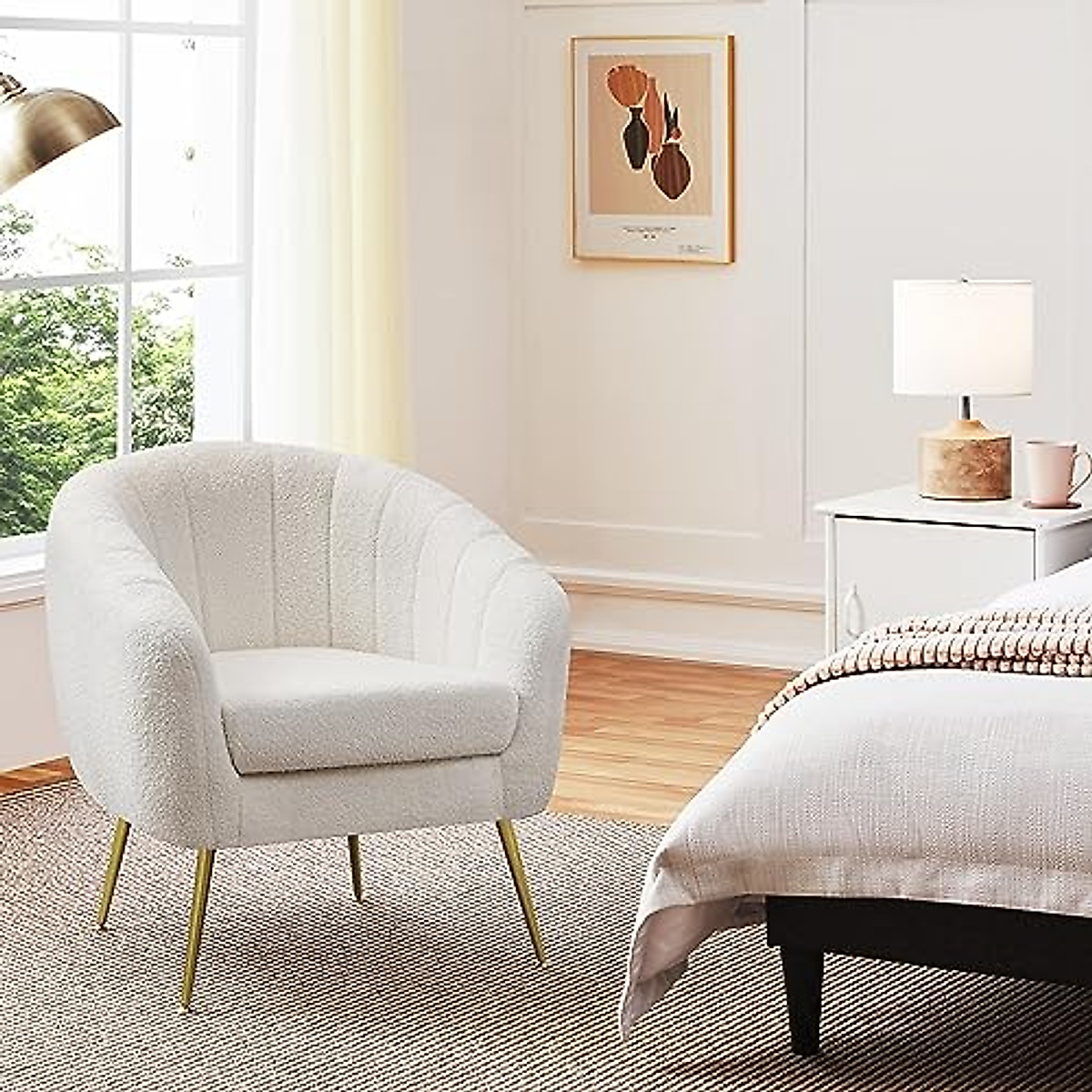Yaheetech Sherpa Fabric Accent Chair, Modern Cozy Vanity Chair with Gold Metal Legs, Boucle Fabric Armchair with Removable Seat Cushion for Living Room Bedroom Office Guest Room, Ivory