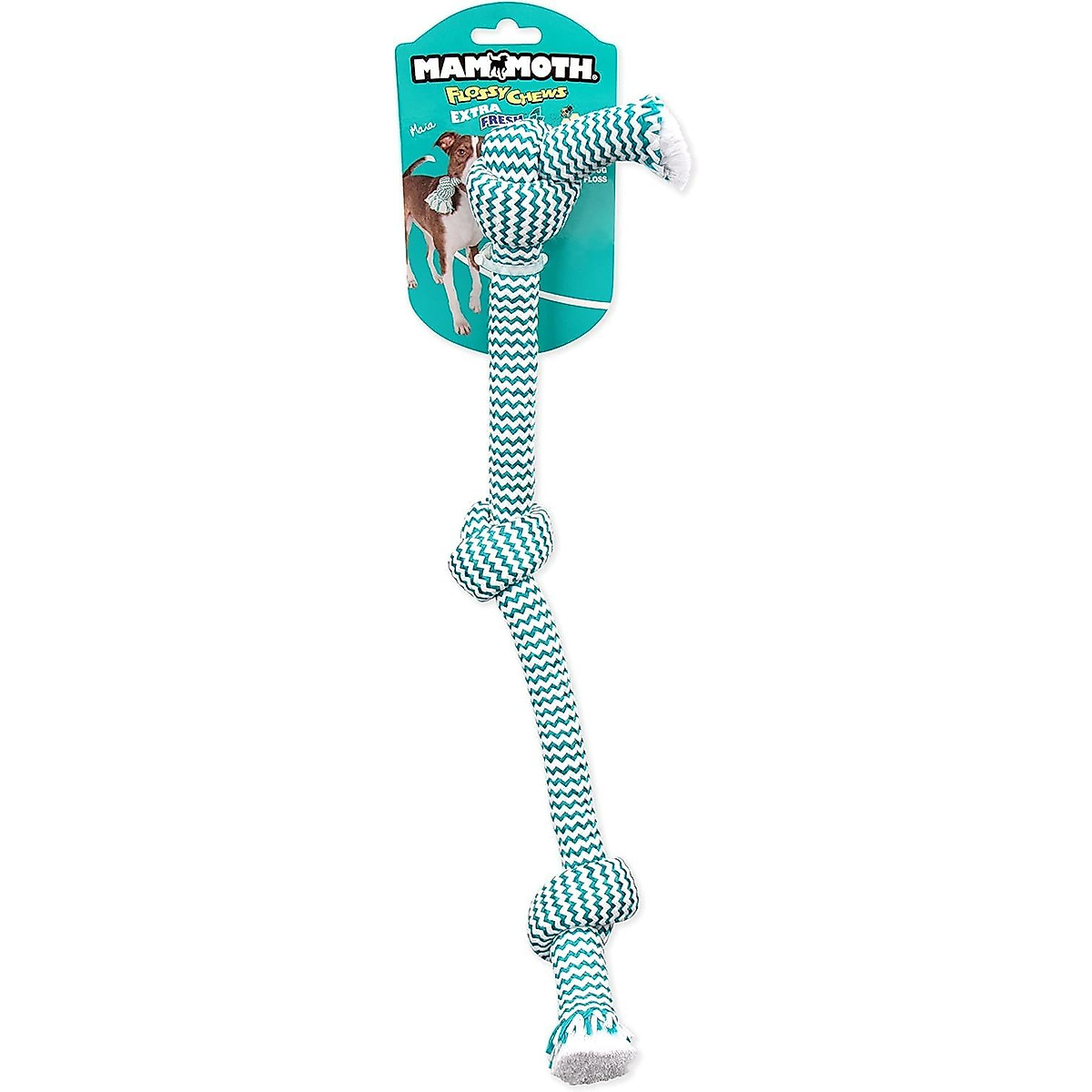 Mammoth Flossy Chews Extra Fresh 3 Knot Tug - Premium Cotton-Poly Yarn with Dental Floss Tug Toy for Dogs - Interactive Dog Rope Toy 20” - 2 Pack