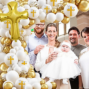 First Communion Decorations 129Pcs First Communion Balloon Garland Arch Kit white Confetti Balloons with Cross Balloon for First Holy Communion Decorations God Bless Christening Baptism Party Supplies