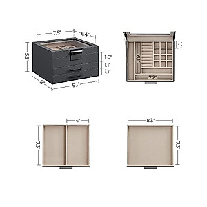 SONGMICS Jewelry Box with Glass Lid, 3-Layer Jewelry Organizer, 2 Drawers, for Big and Small Jewelry, Jewelry Storage, Modern Style, 8 x 9.1 x 5.3 Inches, Interstellar Gray and Silver UJBC239GY