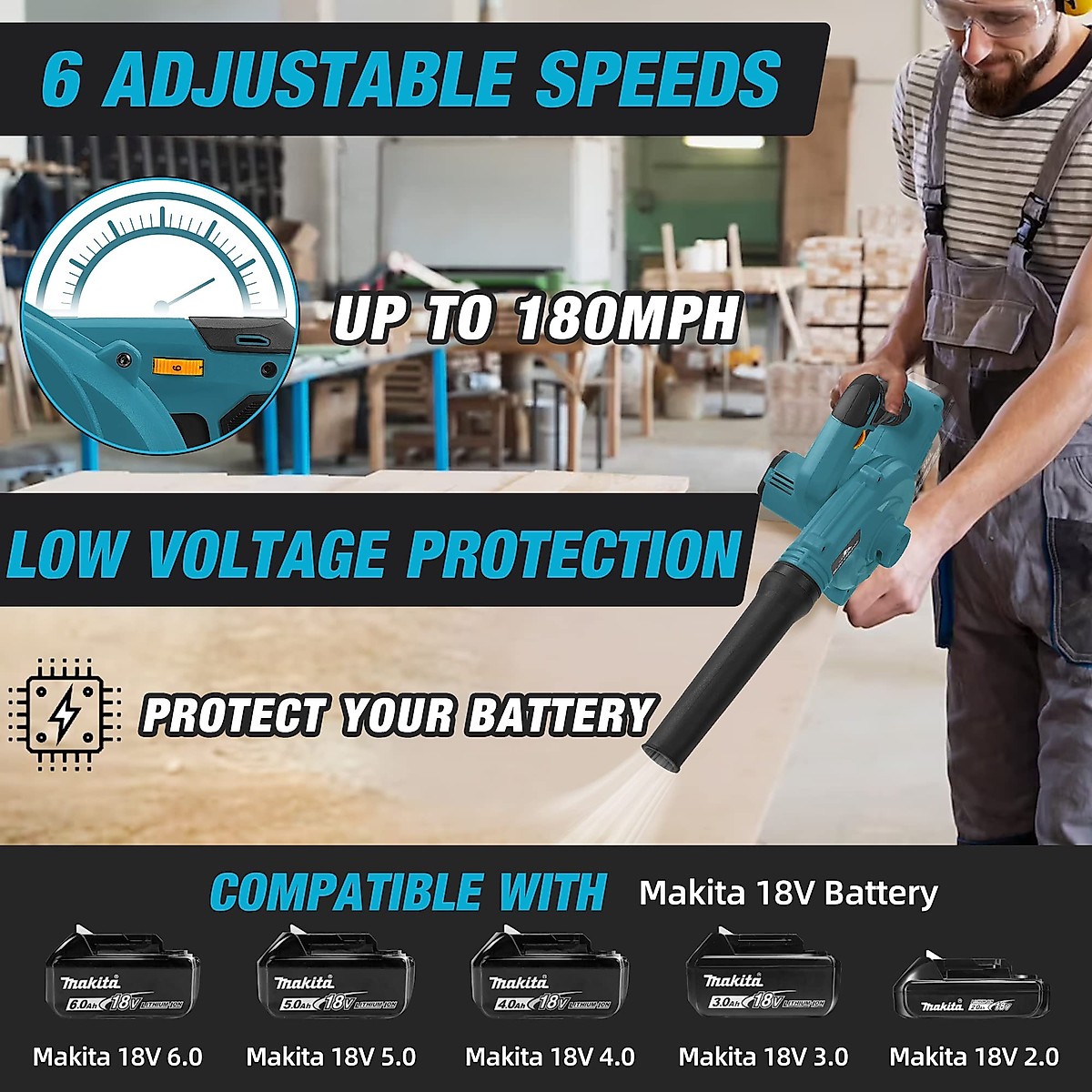 Cordless Leaf Blower for Makita 18V Battery,Electric Jobsite Air Blower with Brushless Motor,6 Variable Speed Up to 180MPH,2-in-1 Handle Electric Blower and Vacuum Cleaner(Battery Not Included)
