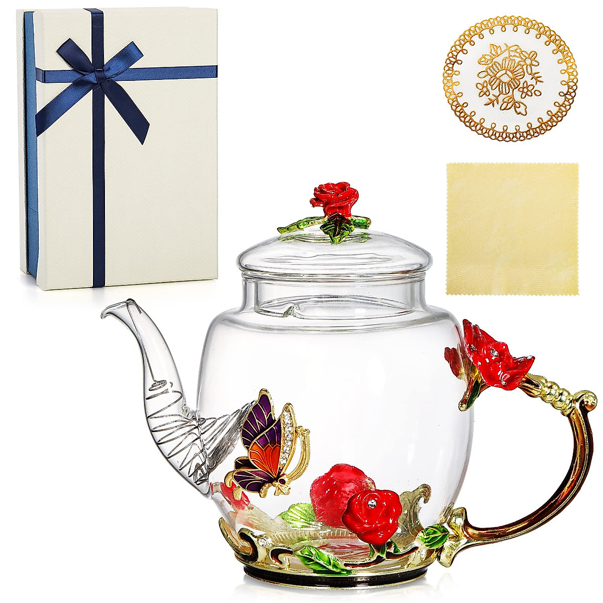 YOUEON 10 Oz Floral Glass Teapot with Rose Flower and Gold Edge, Heat Resistant Enamel Glass Teapot with Gift Box, Clear Teapot with Strainer for Blooming Tea, Loose Leaf Tea, Mothers Day