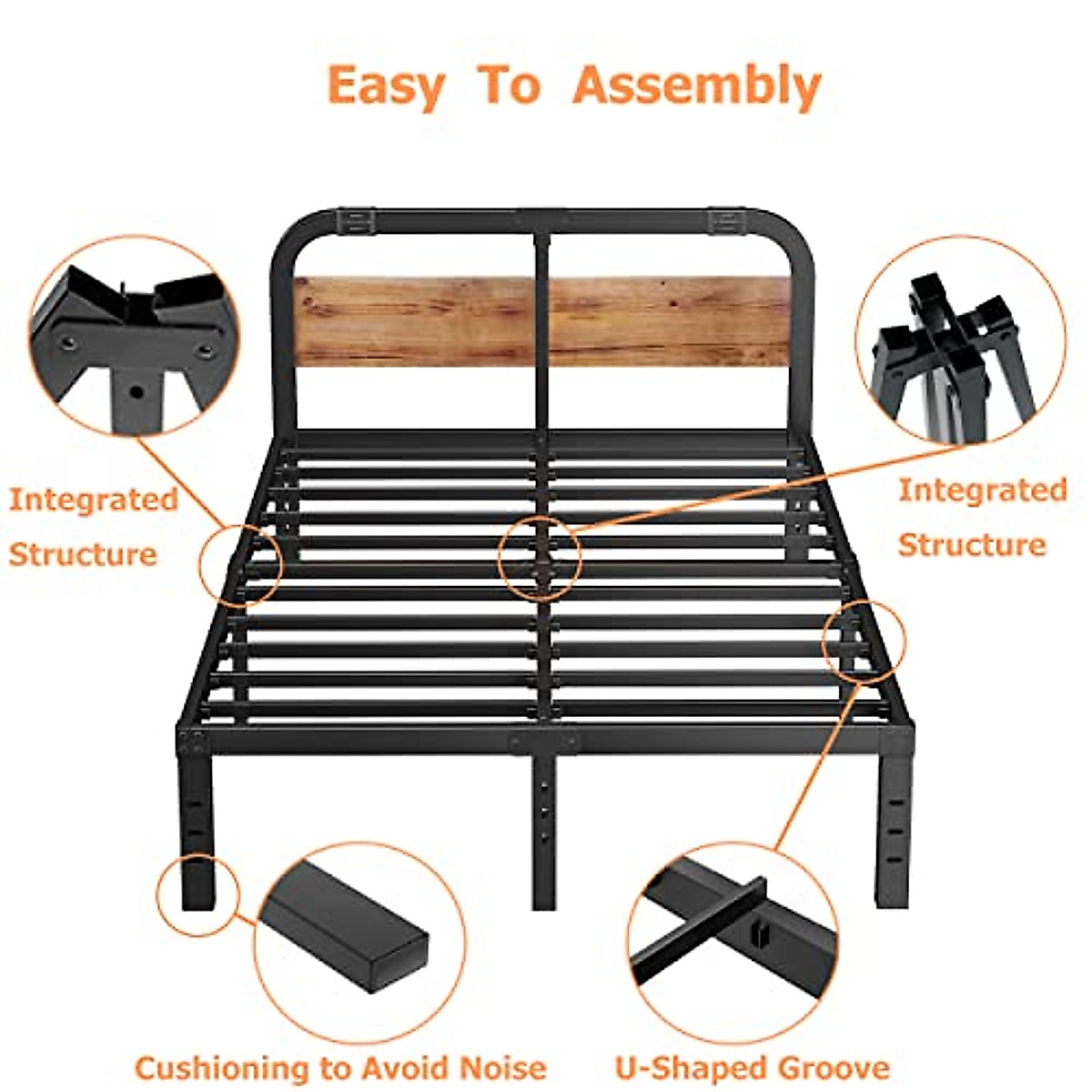 Aardhen Queen Size Bed Frame 14 Inch Rustic Wood Headboard, Heavy Duty Steel Slats Support, Easy Assembly, No Box Spring Needed, Quiet and Sturdy
