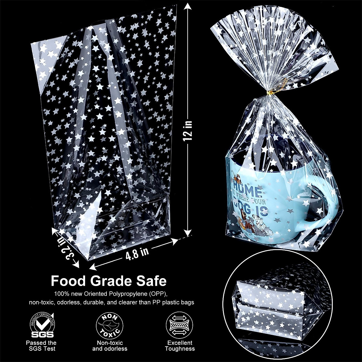 Bottom Gusset Bags 50Pcs 8X12" Silver Star Clear Cellophane Bags Plastic Gift Bags Cello Bags Treat Bags Bulk Party Favor Goodie Cookie with Gold Twist Tie