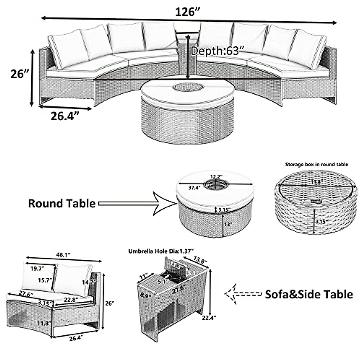 DHPM Patio Sectional 6-Piece Half-Moon Curved Outdoor Sofa, PE Wicker Conversation Furniture Set w Storage Side Umbrella and One Round Table, Brown+Gray