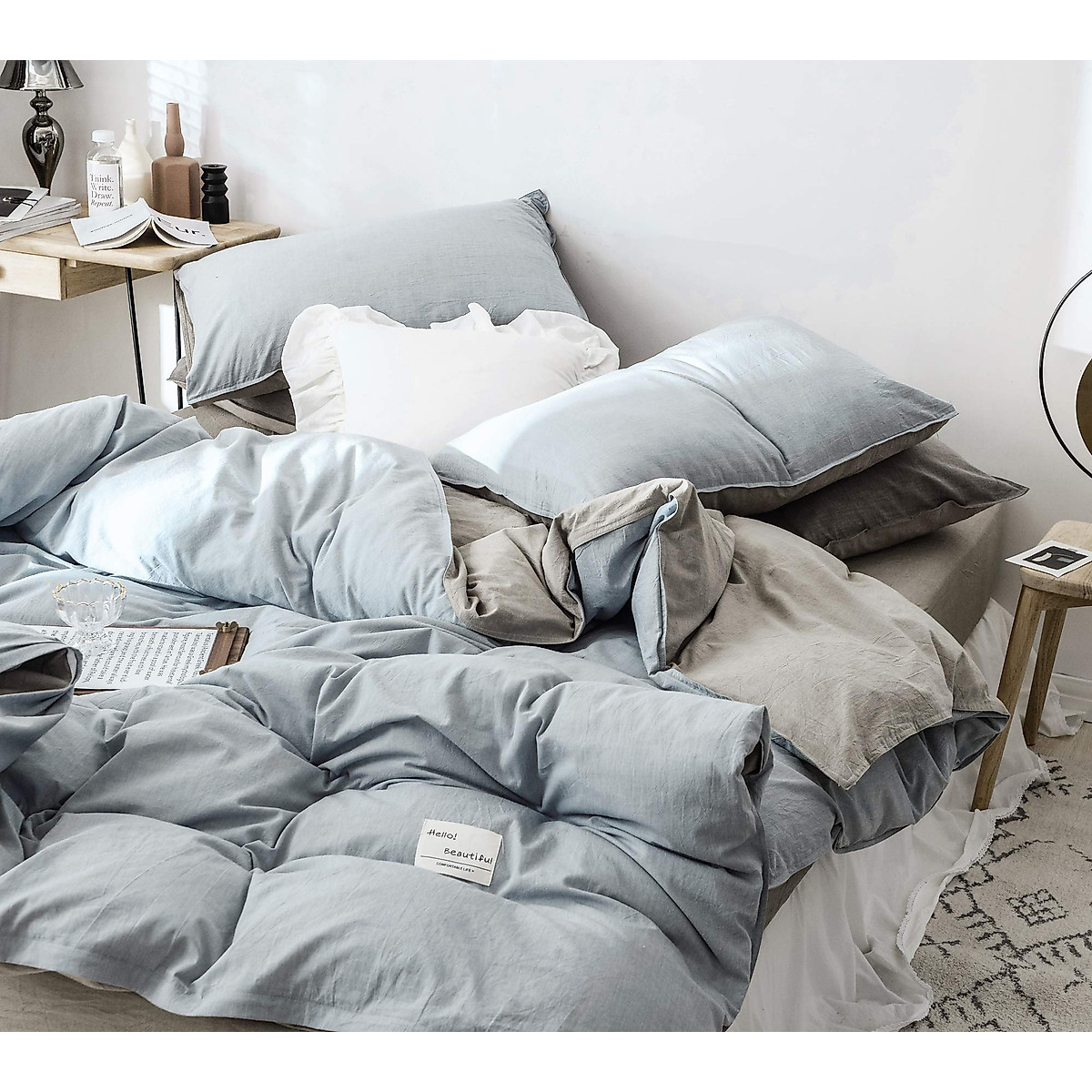 MOON'S SLEEPWARES / Herse Series / [ Sky Blue and Brown, California King Size ] [ 100% Cotton 200 Thread Count ] Duvet Cover Set (Duvet Cover with Two Pillow Cases) SJTDS240x275SB