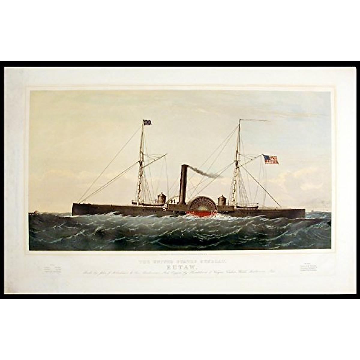 "The United States Gunboat "Eutaw". Built by John J. Abrahams & Son Baltimore, Md. Engine by Haxlehurst & Weigan Vulcan Works, Baltimore, Md. Hull Length...240 feet. Breadth...35 feet. Depth 12ft. 974 Tons. Engine. Diameter of Cylinder 59 inches. Inclined