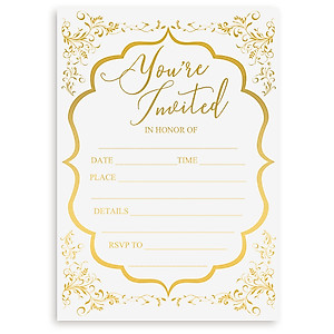 K11 Photo Design Fill In Party Invitations Cards, 20 pack Gold Foil and 20 Thank You Tags Included. Invitations for Wedding, Birthday, Bridal Shower, You Are Invited, Gold Invites Cards
