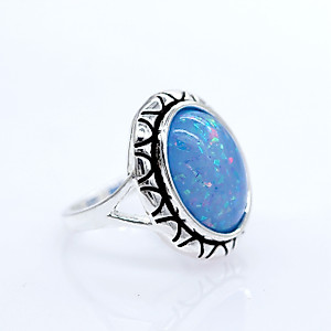 Uloveido Big Oval Blue Simulated Opal Crystal Retro Floral Solitaire Cocktail Ring for Women Mens Anniversary Birthday Jewelry Rings Gift Size 6 RA0309