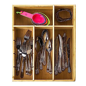 Frcctre Bamboo Utensil Caddy Organizer for Countertop, 8 Compartment Paper Plate Holder, Adjustable Utensil Holder Silverware Organizer Cutlery Organizer Box for Plate, Cup, Fork, Spoon, Napkin