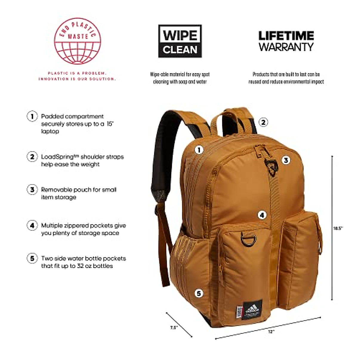 adidas Iconic 3 Stripe Backpack, Mesa Brown/Black, One Size