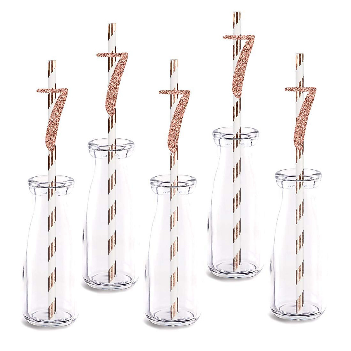 Rose Happy 7th Birthday Straw Decor, Rose Gold Glitter 24pcs Cut-Out Number 7 Party Drinking Decorative Straws, Supplies