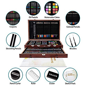 Art Supplies, Tanmit 141-Piece Deluxe Art Set Painting Drawing Kit with Artist Sketch Pad, Oil Pastels, Colored Pencils, Crayons, Watercolor Cakes, Wooden Art Box for Adults Beginners