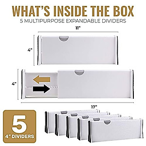RAPTUROUS Deep Drawer Divider - 4 Inches High, Expands from 11-17 Inch, Adjustable Tall Dividers for Kitchen, Bedroom - Expandable Organizers for Clothes, Dressers etc - 5 Pack White Drawer Separators