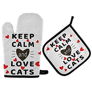 Keep Calm Love Cats Oven Mitts Pot Holder Set Kitchen Decor Cooking Stove Gloves Heat Resistant Hot Pads Recycled for BBQ Baking Grilling
